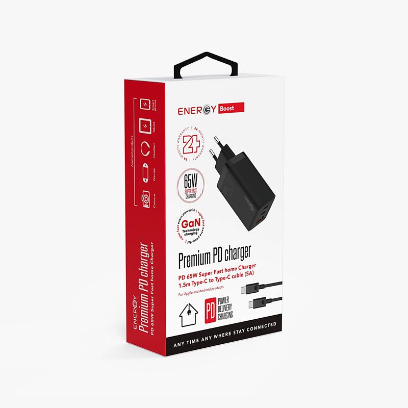 מטען בית ENERGY GaN Premium 2C+1QC PD65W with C to C 1.5M cable שחור